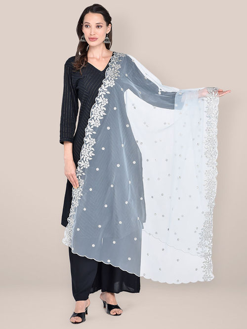 Buy Dupatta Bazaar Women's Silver Dupatta with Cutwork Embroidery online