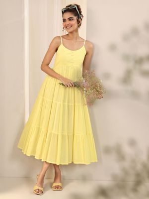 Buy Libas Light Yellow Solid Flared Back Smocked Midi Dress (L) Online