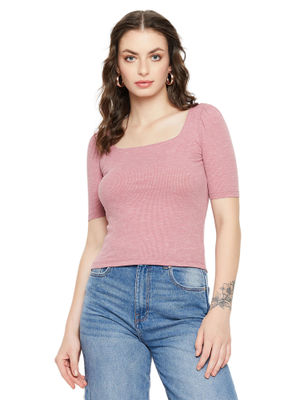 Buy Madame Square Neck Solid Pink Women Top Online