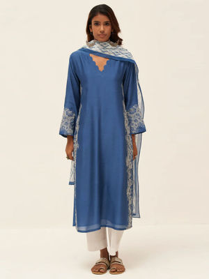 Buy Ganga Fashions Blue and White Embroidered Kurta with Pants ...