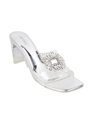 Buy Metro Embellished Women Synthetic Silver Slip Ons Online