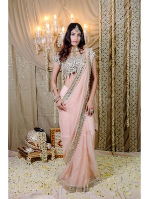Buy FORAM PATEL Peach Embroidered Pre-Draped Saree with Stitched Blouse ...