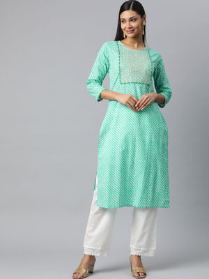 Buy Hatheli Women Sea Green Leheriya Embroidered Kurta Online