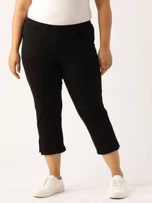 Buy theRebelinme Plus Size Women's Black Solid Color Calf Length Capri ...