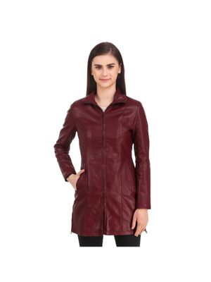 Buy Leather Retail Cherry Colour Faux Leather Long Jacket for Woman Online