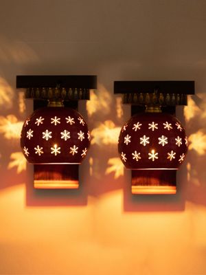 Buy ExclusiveLane Red Dome Shaped Metal Wooden Wall Lamp (Set Of 2) Online