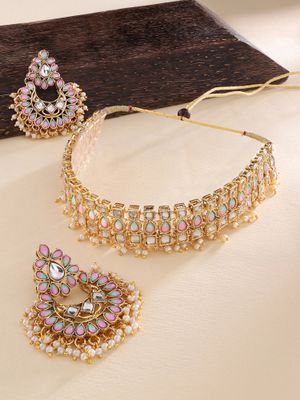 Buy Zaveri Pearls Pink & Green Stones Studded Traditional Necklace ...