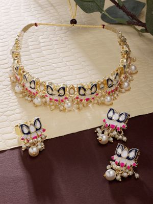 Buy Zaveri Pearls Blue & Pink Meenakari Lotus Design Choker Necklace ...