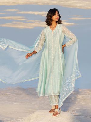 Buy WISHFUL by W Blue Silk Round Neck Anarkali Kurta with Pant and ...