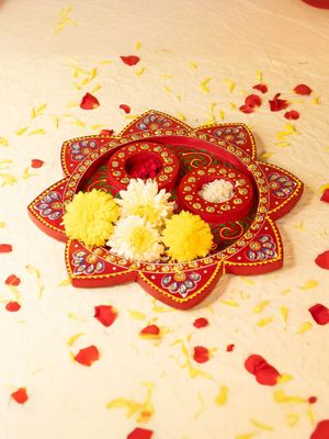 Buy Ekhasa Mango Wood Pooja Thali for Home (Handcrafted) Online