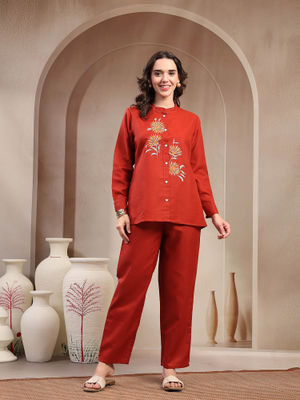 Buy Stylum Rust Embroidered Roman Silk Co-Ord Set (S) Online