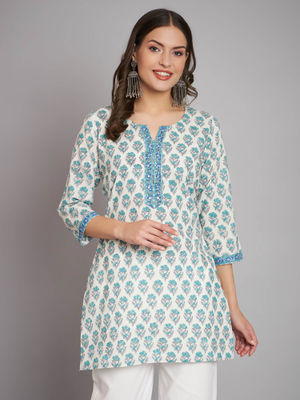 Buy Rangmayee Women Cotton White Ethnic Buti Printed Short Kurti Online