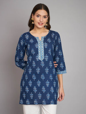 Buy Rangmayee Women Cotton Navy Blue Ethnic Buti Printed Short Kurti ...
