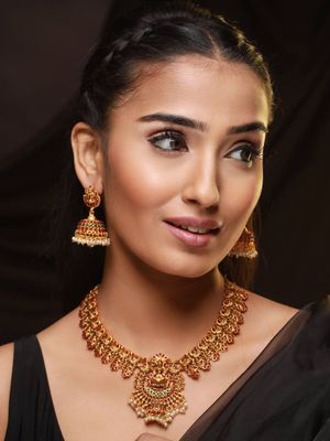Buy Aatmana Gold Plated Red & Green Stone Studded & Pearl Beaded ...