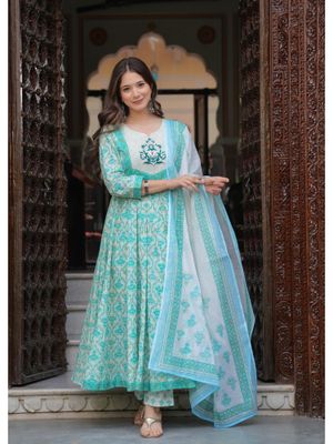 Buy MIZAZJAIPUR Turquoise Women Cotton Printed Anarkali Kurta with Pant ...