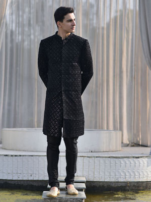 Buy DEYANN Black Mens Velvet Fabric Embroidered Sherwani with Churidar ...
