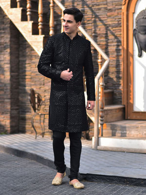 Buy DEYANN Black Mens Velvet Fabric Embroidered Sherwani with Churidar ...