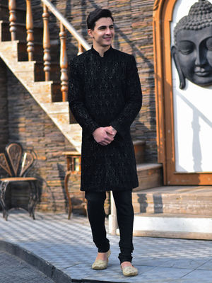 Buy DEYANN Black Mens Velvet Fabric Embroidered Sherwani with Churidar ...
