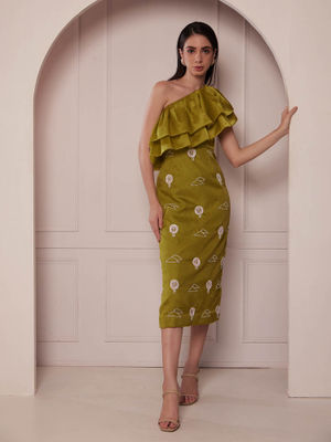 Buy FUGA Pear Ruffled Green Midi Dress Online