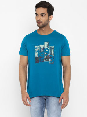 Buy Turtle Men Pure Cotton Chest Print Slim Fit Turquoise Blue Round ...