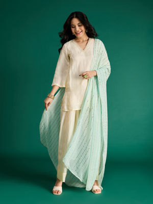 Buy Gajra Gang Cream Silk Crystal Embellished Kurta, Salwar & Dupatta ...