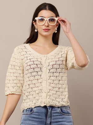 Buy NOBARR Women Polyester Front Button Closures Cream Crochet Top (S ...
