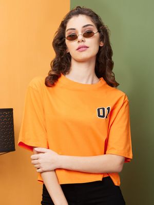 Buy Globus Women Orange Boxy Fit Typography Round Neck T-Shirt Online