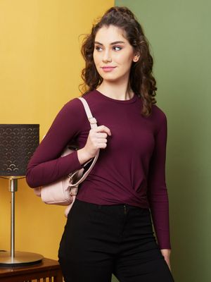 Buy Globus Women Coffee Brown Opaque Round Neck Long Sleeves Twisted ...