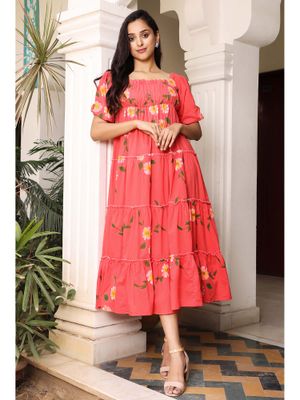 Buy Hatheli Hot Tiered Hand Painted Flared Cotton Dress Online