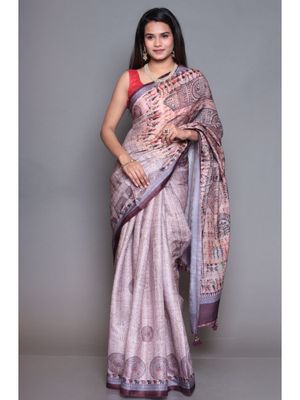 Buy Zari Jaipur Peach Digital Print Tussar Satin Saree with Unstitched ...