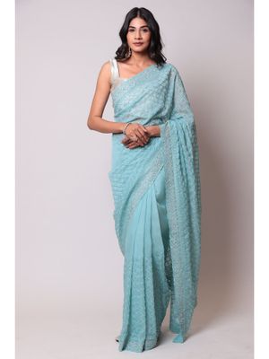 Buy Zari Jaipur Light Blue Color Organza Fabric Saree with Unstitched ...