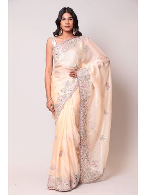 Buy Zari Jaipur Peach Color Organza Fabric Saree with Unstitched Blouse ...