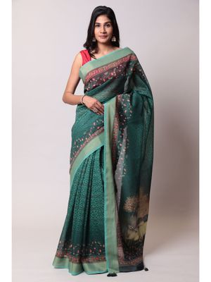 Buy Zari Jaipur Dark Green Color Tissue Silk Fabric Saree with ...