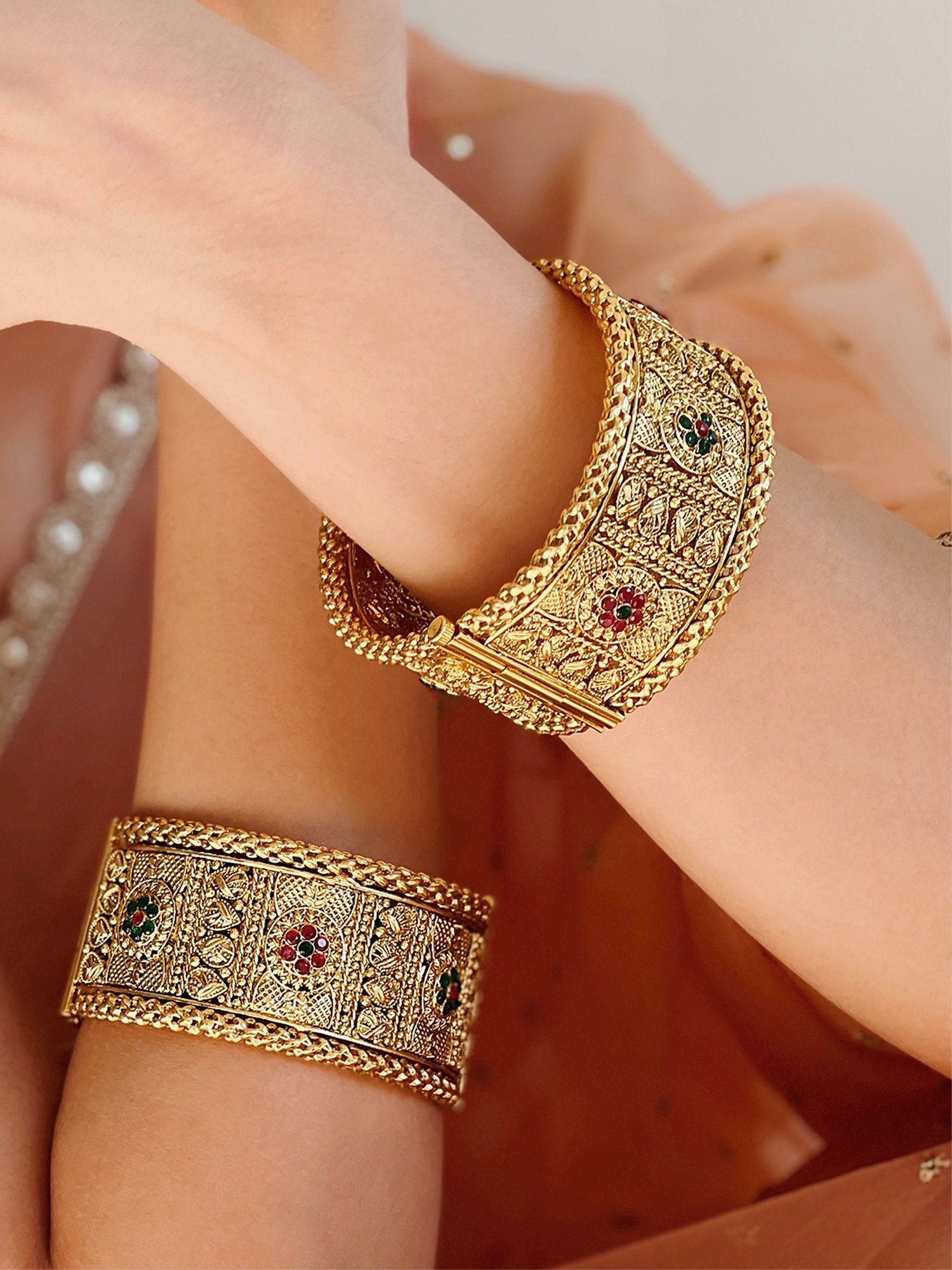 Buy Azai by Nykaa Fashion Bridal Gold Patterned Bangles with Multi Colour Stones Online