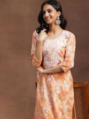 Buy Libas Rust All Over Embroidered Kurta With Striped Thread Work (XS ...