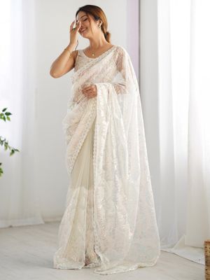 Buy Akhilam Women Net White Embellished Designer Saree with Unstitched Blouse with Unstitched Online