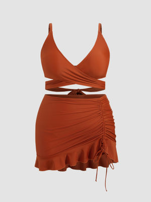 Buy Cider V-neck Solid Criss Cross Cheeky Bikini Set With Drawstring Cover Up Skirt Curve & Plus ...