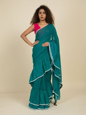 Suta Printed Saree : Buy Suta Blue Pure Cotton Ruffle Saree with Lace ...