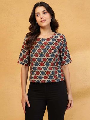 Buy Fabindia Multi-Color Button Fly Half Sleeves Crop Top (XS) Online