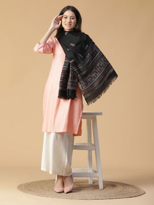 Buy Shingora Bold Black Beauty Metallic Jacquard Wool Woven Stole Online