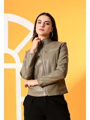 Buy TBOJ Grey Solid Turtle Neck Leather Jacket (S) Online
