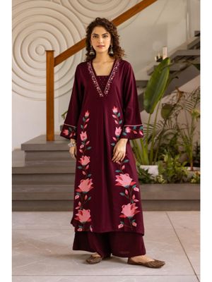 Buy Autumnlane Kabool Merlot Embroidery Kurta with Palazzo (S) Online