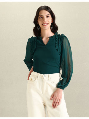 Buy U.S. POLO ASSN. Green Ruffled Neck Top Online