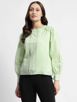 Buy Madame Schiffli Adorned Puff Sleeve Mint Green Top Online