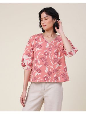 Buy Fabindia FabNu Pink Cotton Linen Flax Printed Top online