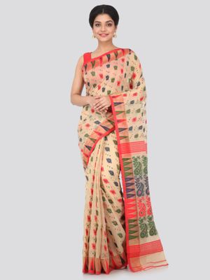 Buy PinkLoom Women's Soft Cotton Jamdani Saree Without Blouse Piece,Beige Online