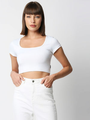 Disrupt Crop Tops : Buy Disrupt Women White Box Neck Slim Fit Smart ...