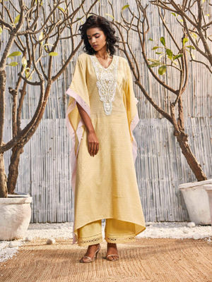 Buy charkhee Sunlight Yellow Breezy Cotton Kaftan with Palazzo (Set of ...