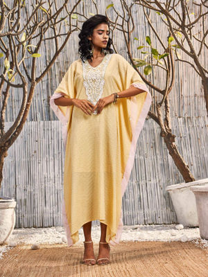 Buy charkhee Sunlight Yellow Breezy Cotton Kaftan Online