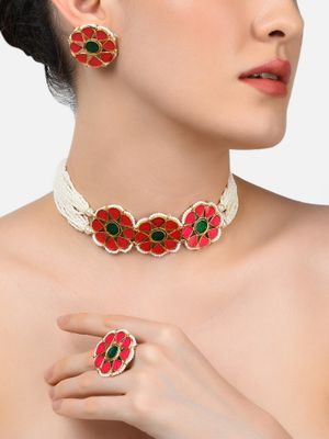 Buy Zaveri Pearls Pink & Green Meenakari Multistrand Necklace Earring ...